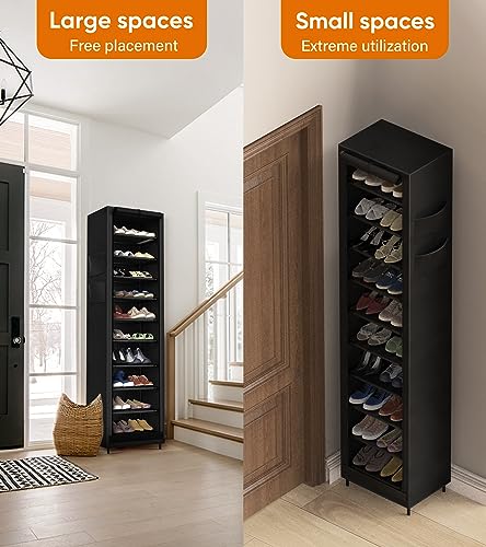 kefron Narrow Shoe Rack Organizer with Oxford Dustproof Cover, 0.13㎡ 10 Tiers 20-22 Pairs Tall Shoe Storage Rack for Closet Enteryway Vertical Shoe Organizer Shell