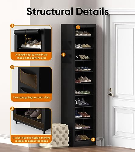 kefron Narrow Shoe Rack Organizer with Oxford Dustproof Cover, 0.13㎡ 10 Tiers 20-22 Pairs Tall Shoe Storage Rack for Closet Enteryway Vertical Shoe Organizer Shell