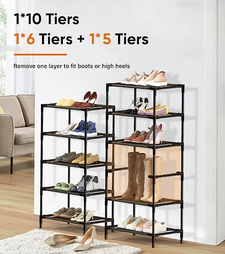 kefron Narrow Shoe Rack Organizer with Oxford Dustproof Cover, 0.13㎡ 10 Tiers 20-22 Pairs Tall Shoe Storage Rack for Closet Enteryway Vertical Shoe Organizer Shell