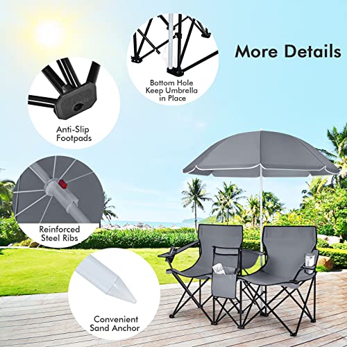 COSTWAY, Folding w/Detachable Umbrella, Cooler Bag, Cup Holders, Patio Beach Camping Outdoors Double Portable Picnic Chair, Grey