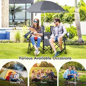 COSTWAY, Folding w/Detachable Umbrella, Cooler Bag, Cup Holders, Patio Beach Camping Outdoors Double Portable Picnic Chair, Grey