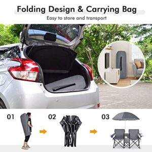 COSTWAY, Folding w/Detachable Umbrella, Cooler Bag, Cup Holders, Patio Beach Camping Outdoors Double Portable Picnic Chair, Grey