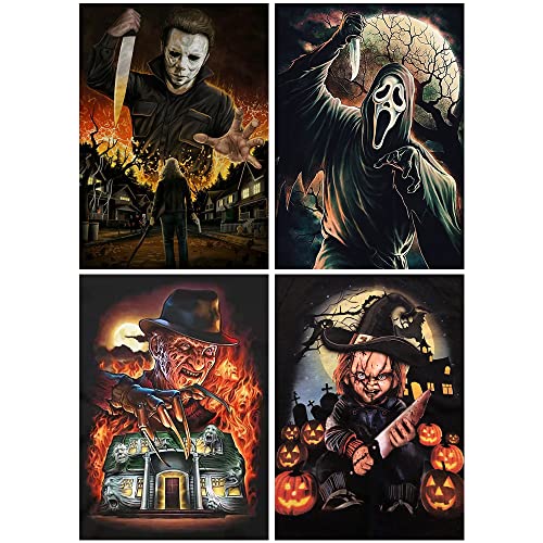 4 Pack Halloween Paint by Numbers for Adults,Terror Acrylic Oil Painting Kits,Horror Paint by Number Kits on Canvas, DIY Oil Paintings Supplies for Kids Beginners Arts and Crafts Home Decor 12" x 16"