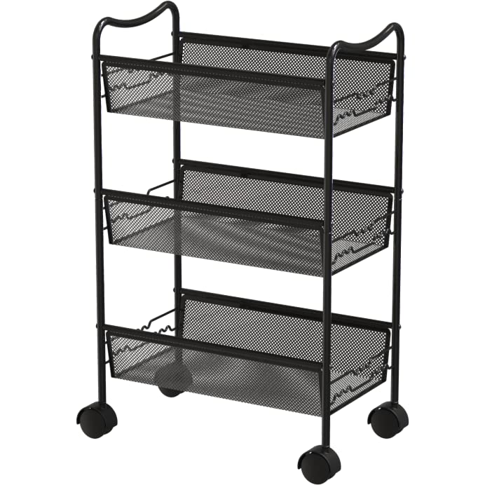 DecoBros 3-Tier Metal Utility Rolling Cart, Black