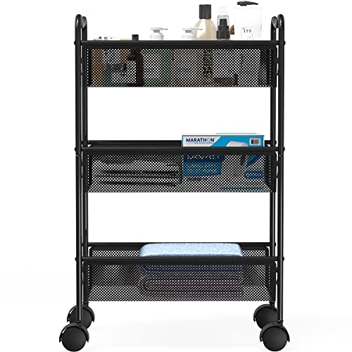 DecoBros 3-Tier Metal Utility Rolling Cart, Black