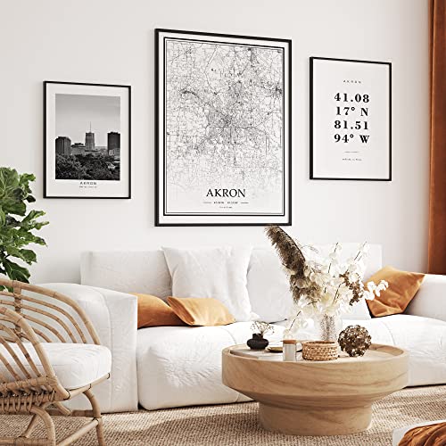 Dear Mapper Akron United States View Abstract Road Modern Map Art Minimalist Painting Black and White Canvas Line Art Print Poster Art Line Paintings Home Decor (Set of 3 Unframed) (12x16inch)