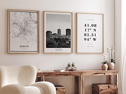 Dear Mapper Akron United States View Abstract Road Modern Map Art Minimalist Painting Black and White Canvas Line Art Print Poster Art Line Paintings Home Decor (Set of 3 Unframed) (12x16inch)