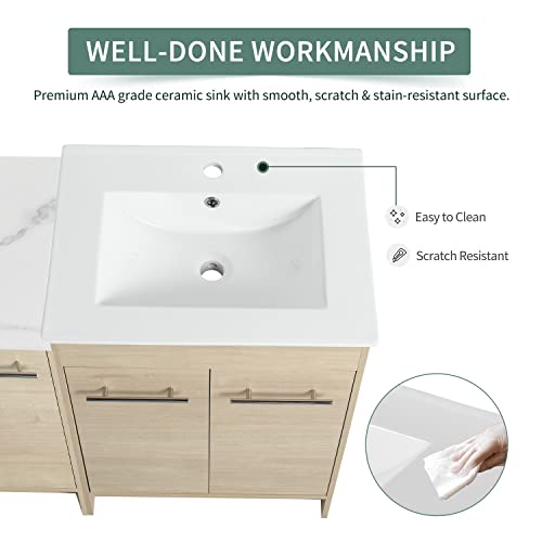 Goujxcy 60 Inch Bathroom Vanity Sink Combo with Side Cabinet, Freestanding Bathroom Vanity Cabinet Plywood Bath Vanity Cabinet with Double 24" Bathroom Vanity and a 12" Ceramic Countertop Side Cabinet