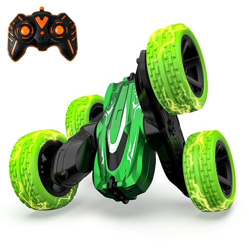 SHARKOOL Remote Control Car | 2.4Ghz Mini RC Cars with Rechargeable Battery, 360° Flips Rotating Double Side Stunt Car | Electric Toy Cars for Kids | Birthday Gift for Boys & Girls-Green