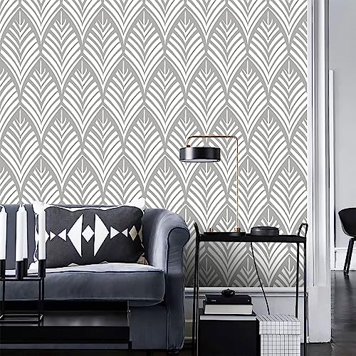 Yun-aeon Modern Silver Leaf Peel and Stick Wallpaper Contact Paper 17.7“ X 120“ Geometric Silver Boho Print Wallpaper Peel and Stick Self Adhesive Wallpaper Removable Wallpaper