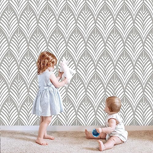 Yun-aeon Modern Silver Leaf Peel and Stick Wallpaper Contact Paper 17.7“ X 120“ Geometric Silver Boho Print Wallpaper Peel and Stick Self Adhesive Wallpaper Removable Wallpaper