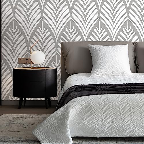 Yun-aeon Modern Silver Leaf Peel and Stick Wallpaper Contact Paper 17.7“ X 120“ Geometric Silver Boho Print Wallpaper Peel and Stick Self Adhesive Wallpaper Removable Wallpaper