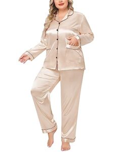 swomog women plus size long sleeve pajamas silk satin womens pajama sets button down sleepwear top pj loungewear with pockets champagne