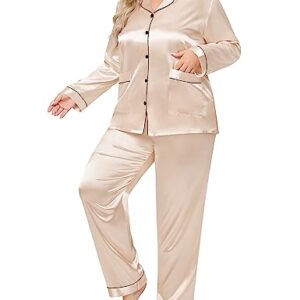 SWOMOG Women Plus Size Long Sleeve Pajamas Silk Satin Womens Pajama Sets Button Down Sleepwear Top Pj Loungewear with Pockets Champagne