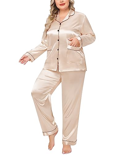 SWOMOG Women Plus Size Long Sleeve Pajamas Silk Satin Womens Pajama Sets Button Down Sleepwear Top Pj Loungewear with Pockets Champagne