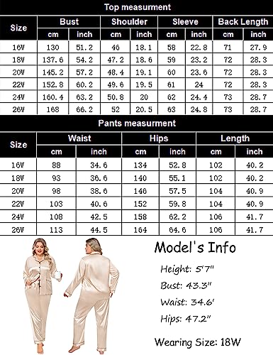 SWOMOG Women Plus Size Long Sleeve Pajamas Silk Satin Womens Pajama Sets Button Down Sleepwear Top Pj Loungewear with Pockets Champagne