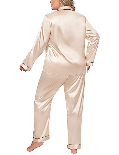 SWOMOG Women Plus Size Long Sleeve Pajamas Silk Satin Womens Pajama Sets Button Down Sleepwear Top Pj Loungewear with Pockets Champagne