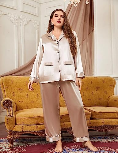 SWOMOG Women Plus Size Long Sleeve Pajamas Silk Satin Womens Pajama Sets Button Down Sleepwear Top Pj Loungewear with Pockets Champagne