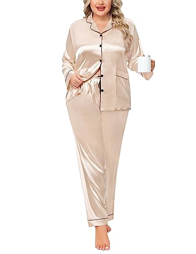 SWOMOG Women Plus Size Long Sleeve Pajamas Silk Satin Womens Pajama Sets Button Down Sleepwear Top Pj Loungewear with Pockets Champagne