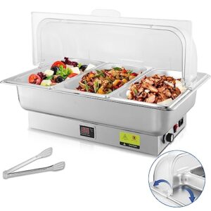 thxsun 700w electric chafing dish, 3 x 3qt stainless steel chafing dish buffet set with rotary knob to adjust temp 0°c~100°c, buffet servers and warmers with roll top & temp display for catering party