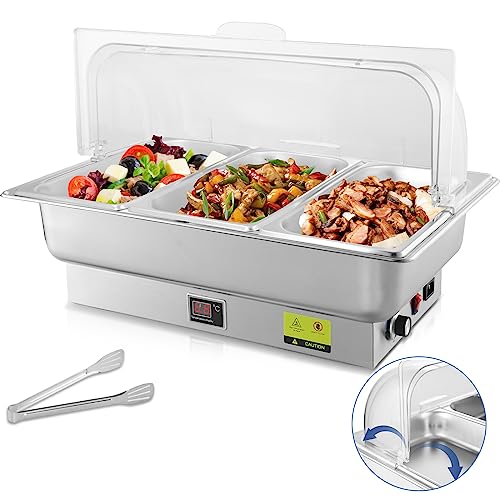 THXSUN 700W Electric Chafing Dish, 3 x 3QT Stainless Steel Chafing Dish Buffet Set with Rotary Knob to Adjust Temp 0°C~100°C, Buffet Servers and Warmers with Roll Top & Temp Display for Catering Party