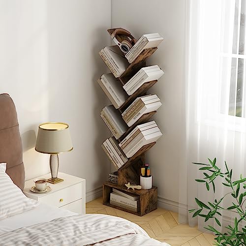 Tajsoon 9 Tier Tree Bookshelf with Drawer Bookcase, Floor Standing Book Storage Rack, Tall Bookshelf for CDs/Books/Movies, Bookshelf Organizer for Bedroom, Living Room, Home Office, Rustic Brown