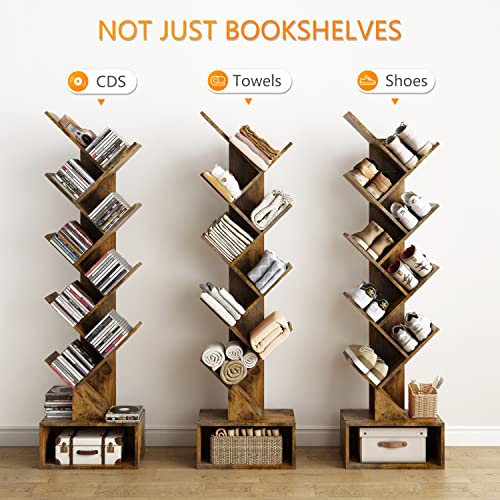 Tajsoon 9 Tier Tree Bookshelf with Drawer Bookcase, Floor Standing Book Storage Rack, Tall Bookshelf for CDs/Books/Movies, Bookshelf Organizer for Bedroom, Living Room, Home Office, Rustic Brown