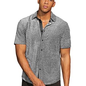 WDIRARA Men's Button Front Short Sleeve Collar Glitter Shirt Metallic Party Club Tops Pure Silver M