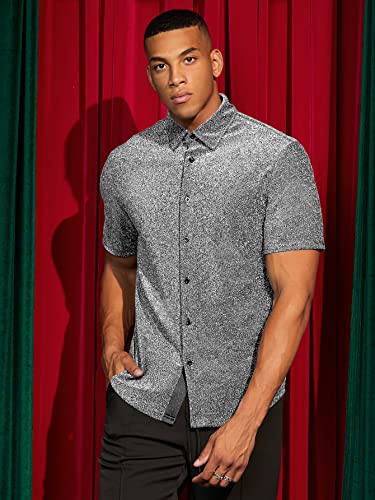 WDIRARA Men's Button Front Short Sleeve Collar Glitter Shirt Metallic Party Club Tops Pure Silver M