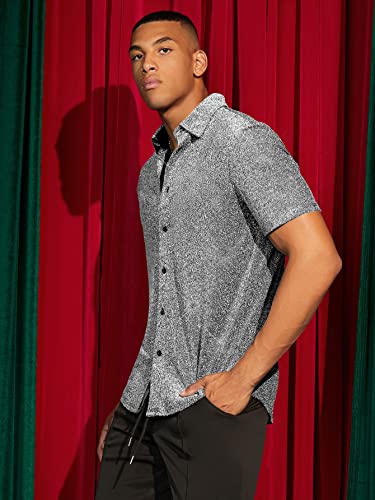 WDIRARA Men's Button Front Short Sleeve Collar Glitter Shirt Metallic Party Club Tops Pure Silver M