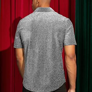 WDIRARA Men's Button Front Short Sleeve Collar Glitter Shirt Metallic Party Club Tops Pure Silver M