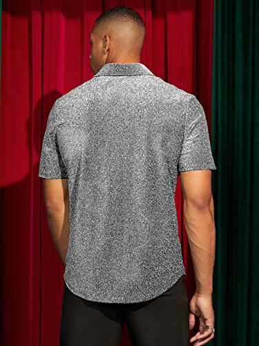 WDIRARA Men's Button Front Short Sleeve Collar Glitter Shirt Metallic Party Club Tops Pure Silver M