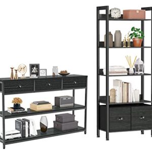 Furologee 5-Tier Bookshelf, Tall Bookcase with 2 Storage Drawers, Long 47" Console Table with 3 Drawers, Entryway Table with Storage Shelves