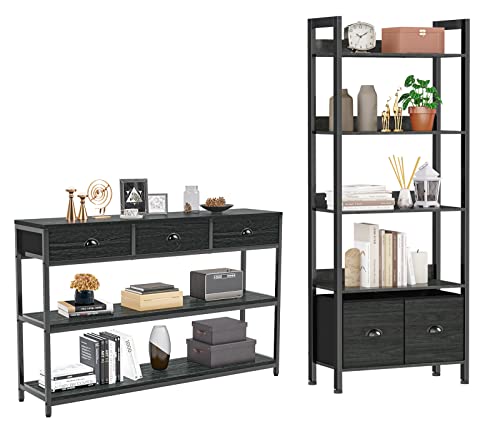 Furologee 5-Tier Bookshelf, Tall Bookcase with 2 Storage Drawers, Long 47" Console Table with 3 Drawers, Entryway Table with Storage Shelves