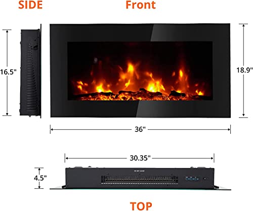 PioneerWorks Electric Fireplace 50 Inch Wall Mounted Electric Fireplace, Remote Control with Timer, Touch Screen, Adjustable Flame Color and Speed, 750W-1500W (36 Inches)