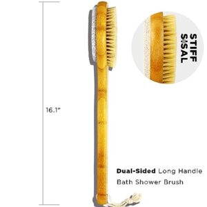 ICANdOIT Stiff Sisal Bristles 2 in 1 Long Handle Bath&Shower Brush,Bath Scrubber with Pumice Stone,Exfoliate&Soften Skin,Dry Brushing Body Brush for Cellulite&Lymphatic Drainage,Reduce ingrown Hairs