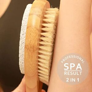 ICANdOIT Stiff Sisal Bristles 2 in 1 Long Handle Bath&Shower Brush,Bath Scrubber with Pumice Stone,Exfoliate&Soften Skin,Dry Brushing Body Brush for Cellulite&Lymphatic Drainage,Reduce ingrown Hairs