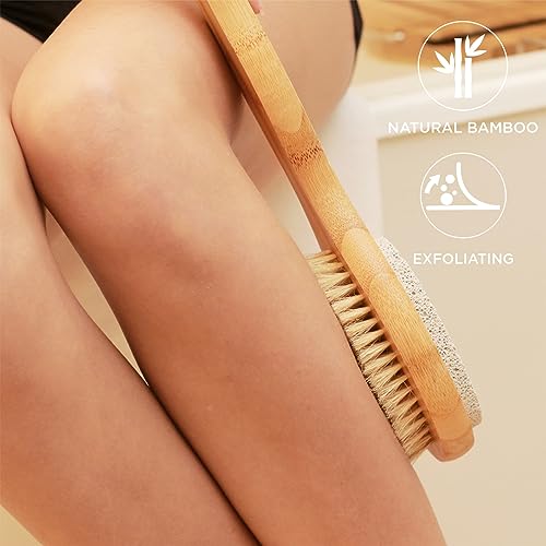 ICANdOIT Stiff Sisal Bristles 2 in 1 Long Handle Bath&Shower Brush,Bath Scrubber with Pumice Stone,Exfoliate&Soften Skin,Dry Brushing Body Brush for Cellulite&Lymphatic Drainage,Reduce ingrown Hairs