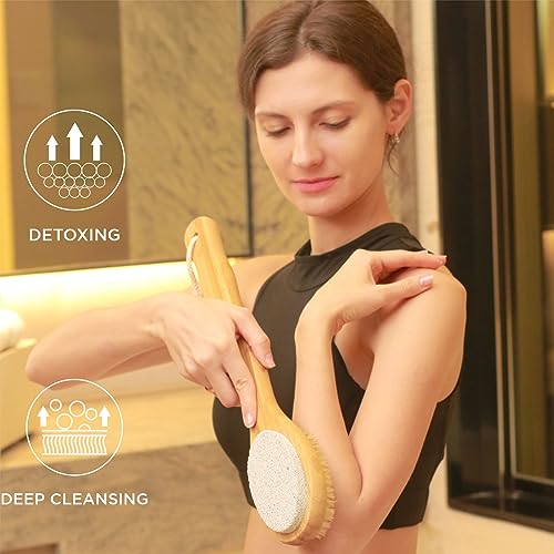 ICANdOIT Stiff Sisal Bristles 2 in 1 Long Handle Bath&Shower Brush,Bath Scrubber with Pumice Stone,Exfoliate&Soften Skin,Dry Brushing Body Brush for Cellulite&Lymphatic Drainage,Reduce ingrown Hairs