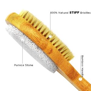 ICANdOIT Stiff Sisal Bristles 2 in 1 Long Handle Bath&Shower Brush,Bath Scrubber with Pumice Stone,Exfoliate&Soften Skin,Dry Brushing Body Brush for Cellulite&Lymphatic Drainage,Reduce ingrown Hairs