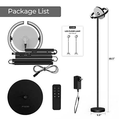 FIMEI Modern Floor Lamp, LED Bright Rotatable Ring Shaped Design Standing Lamp, Eye-Protecting Stepless Dimming, 3 Color Temperatures 3000K-6000K, Touch/Remote Control, for Living Room Bedroom Office