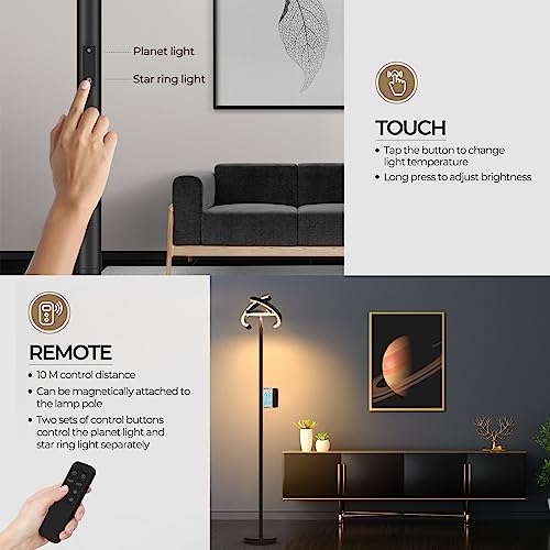 FIMEI Modern Floor Lamp, LED Bright Rotatable Ring Shaped Design Standing Lamp, Eye-Protecting Stepless Dimming, 3 Color Temperatures 3000K-6000K, Touch/Remote Control, for Living Room Bedroom Office