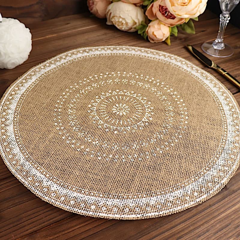 BalsaCircle 4 Natural 15 in Round Burlap Jute Braided Placemats White Prints Wedding Party Events Receptions Decorations Supplies