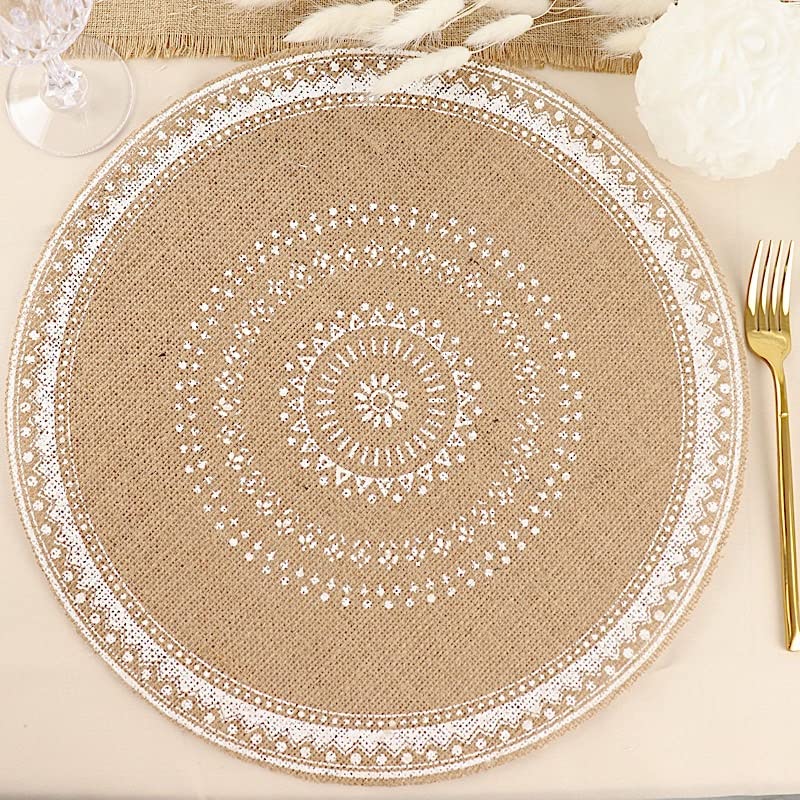 BalsaCircle 4 Natural 15 in Round Burlap Jute Braided Placemats White Prints Wedding Party Events Receptions Decorations Supplies