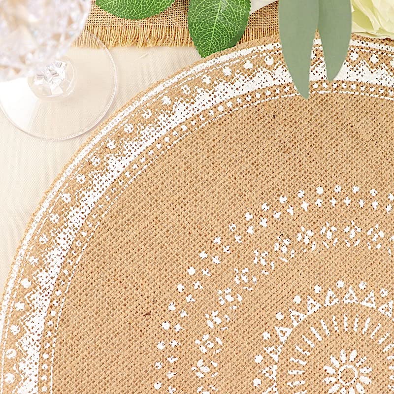 BalsaCircle 4 Natural 15 in Round Burlap Jute Braided Placemats White Prints Wedding Party Events Receptions Decorations Supplies