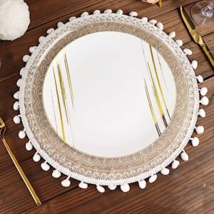 BalsaCircle 4 Natural 15 in Round Burlap Jute Placemats White Prints Beaded Trim Wedding Party Events Reception Decorations Supplies