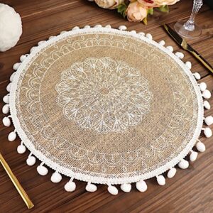 BalsaCircle 4 Natural 15 in Round Burlap Jute Placemats White Prints Beaded Trim Wedding Party Events Reception Decorations Supplies