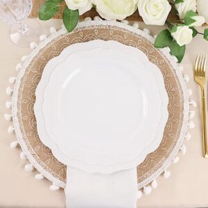 BalsaCircle 4 Natural 15 in Round Burlap Jute Placemats White Prints Beaded Trim Wedding Party Events Reception Decorations Supplies