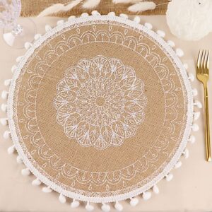 BalsaCircle 4 Natural 15 in Round Burlap Jute Placemats White Prints Beaded Trim Wedding Party Events Reception Decorations Supplies