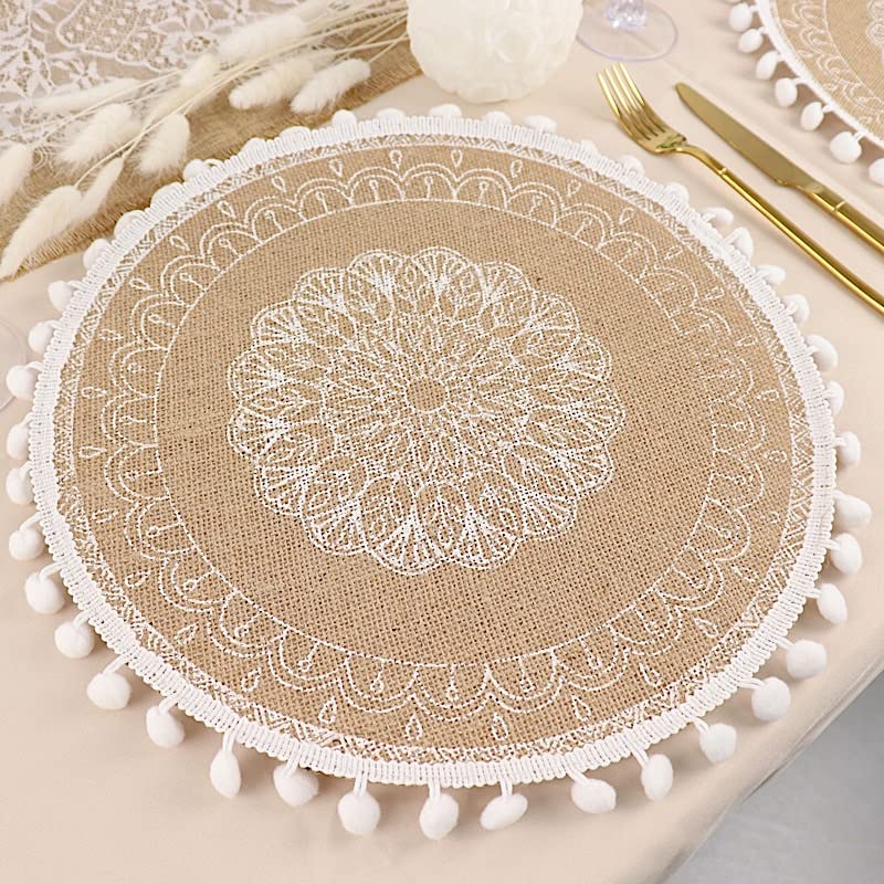 BalsaCircle 4 Natural 15 in Round Burlap Jute Placemats White Prints Beaded Trim Wedding Party Events Reception Decorations Supplies